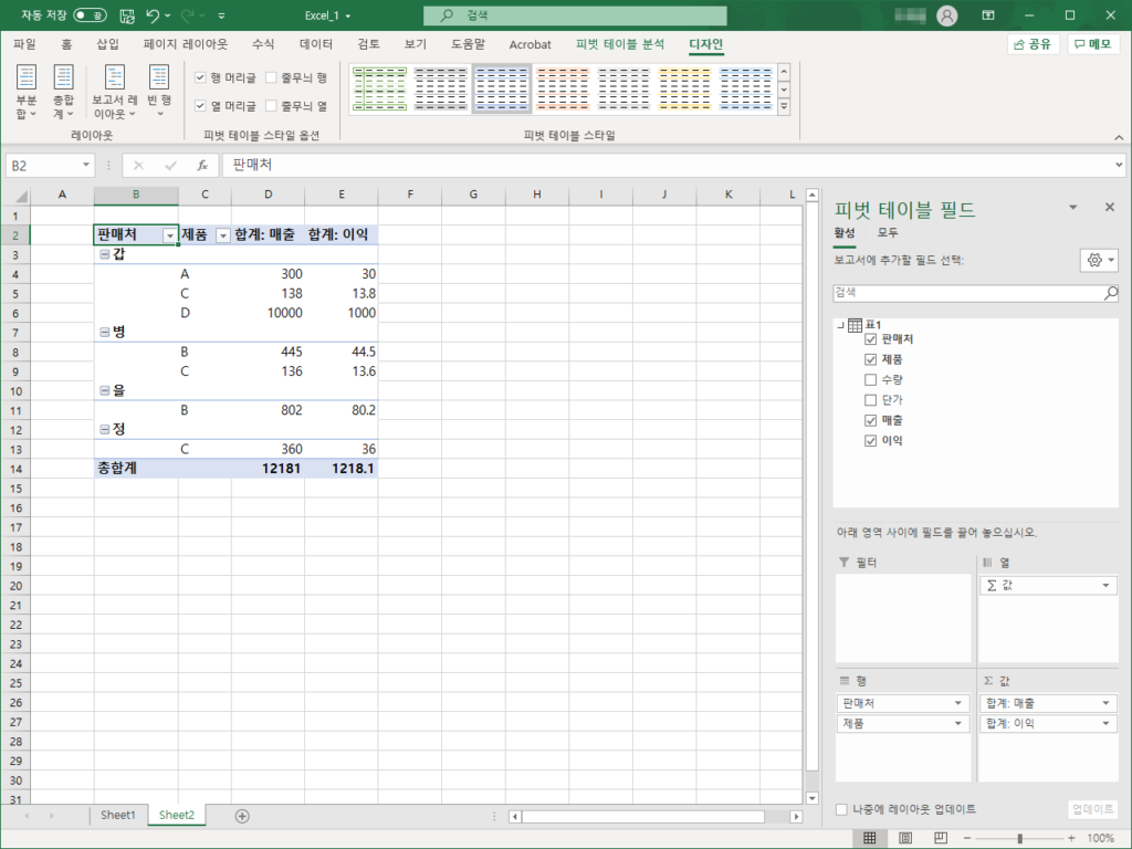 엑셀 / 피벗 테이블 / 보고서 레이아웃 – MANUAL FACTORY